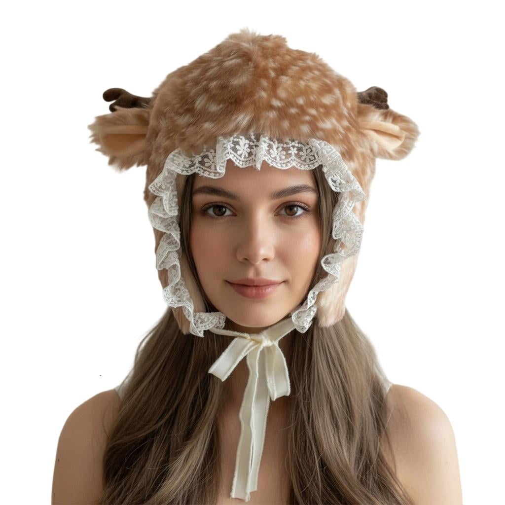 Weflink Trapper Hat for Girls Cartoon Deer with Lace Brim Oversized ...