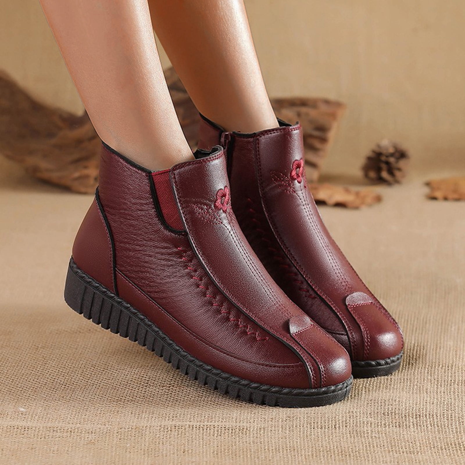 Wefuesd Ladies Fashion Leather Embroidered Side Zipper Short Boots ...