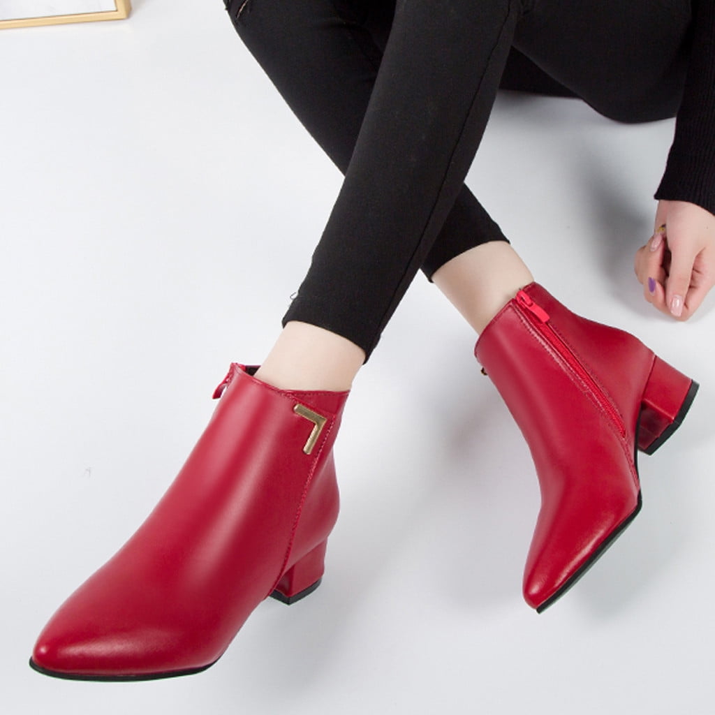 Senew Women's Fashion Leisure Solid Pointed Toe Med Heels Ankle Boots ...