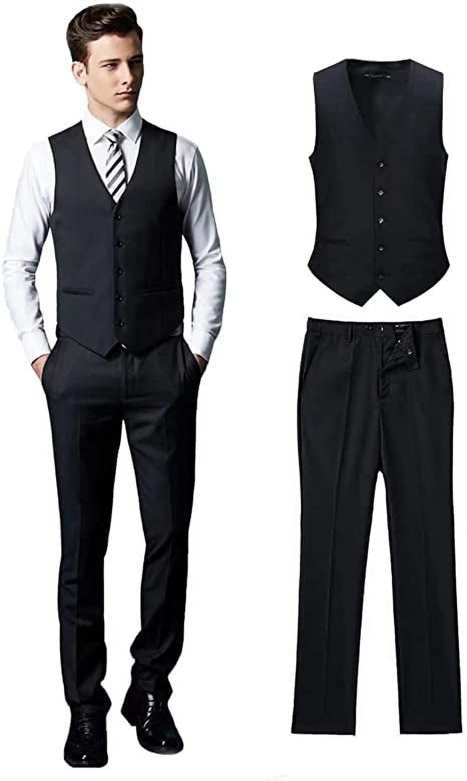Wehilion 2 Pieces Men's Suits Vest+Pants Set V-Neck Slim Fit Casual ...
