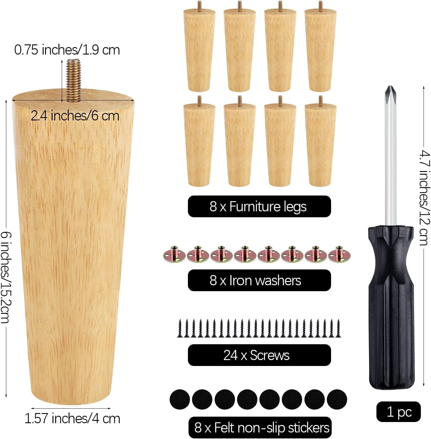 Wehilion Furniture Legs Round Solid Wood Furniture Feet Couch Legs Sofa Legs Replacement Legs ...