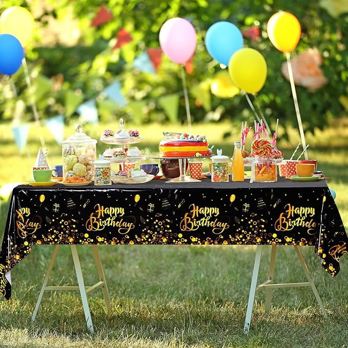 Wehilion Happy Birthday Tablecloths Black Gold Plastic Table Cloth ...