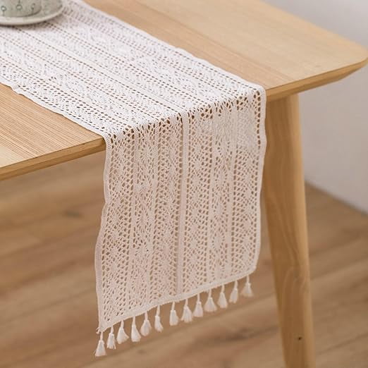 Wehilion Linen Hollow Mesh with Tassel Table Runner, Mesh Woven Table ...
