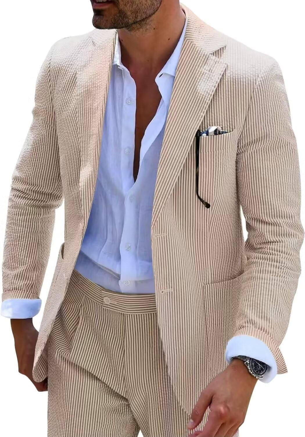 Wehilion Men Suits Summer 2 Pieces Seersucker Suit Pinstrip Casual 2 ...