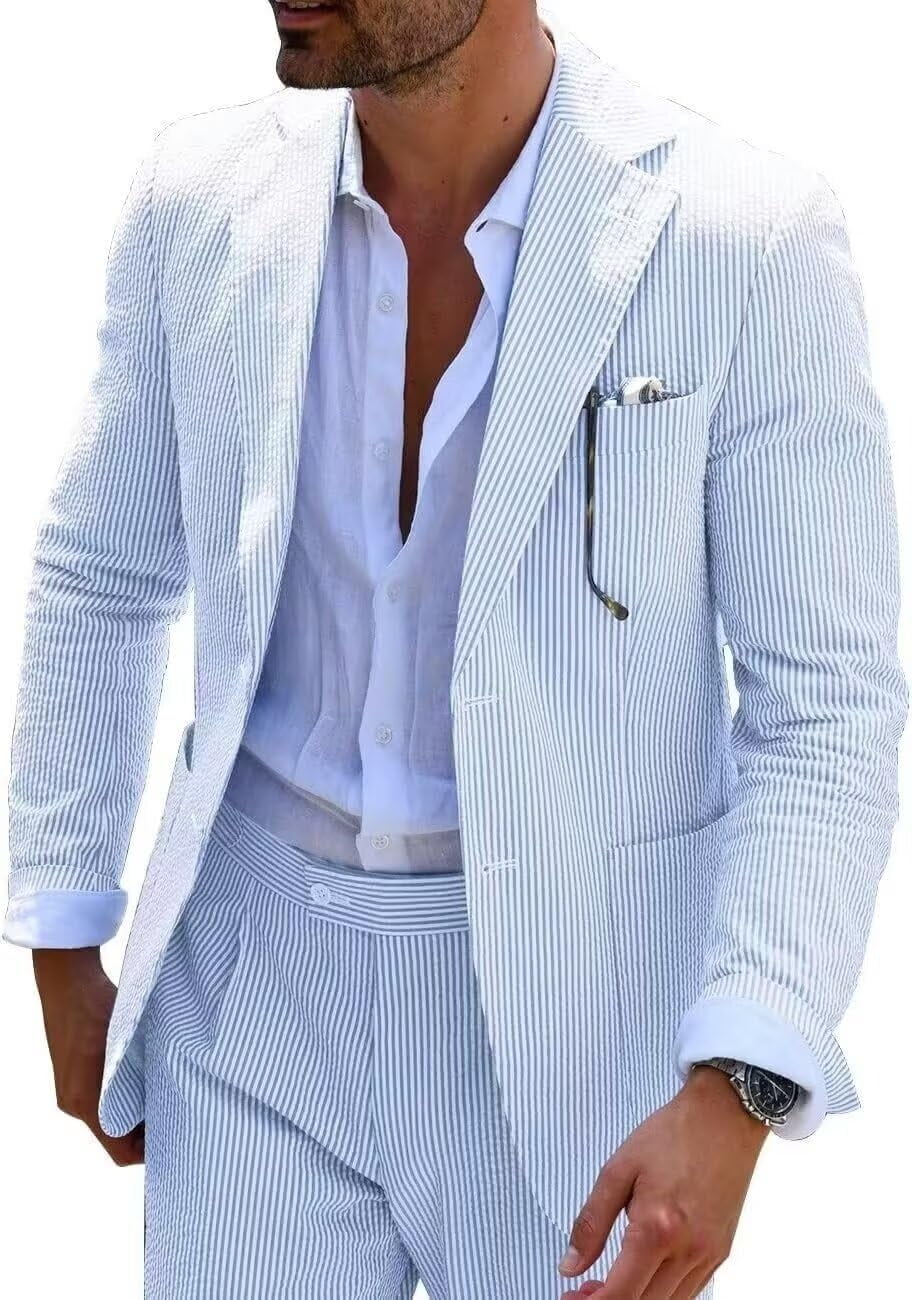 Wehilion Men Seersucker Suit, 2 Piece, Blue White Striped, Slim Fit ...