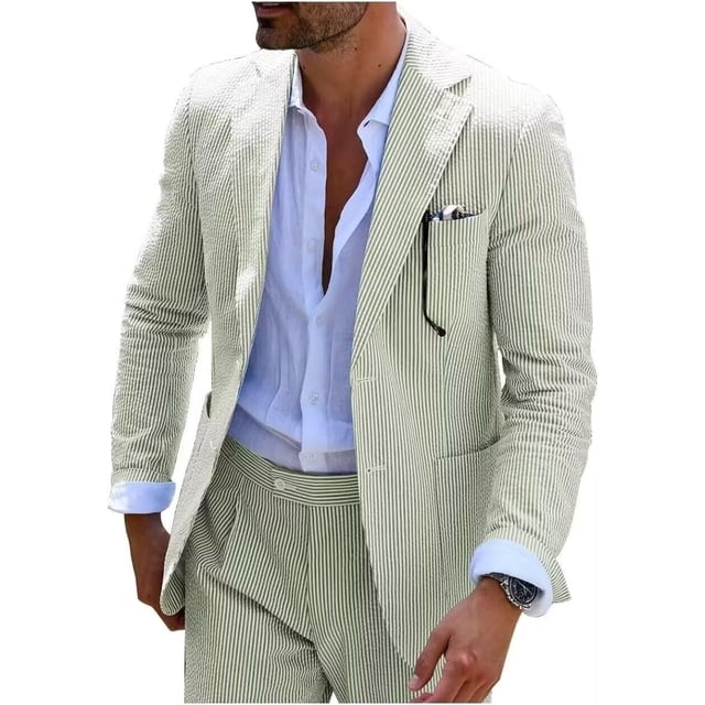 Wehilion Men Suits Summer 2 Pieces Seersucker Suit Pinstrip Casual 2 ...