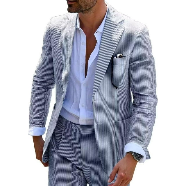 Wehilion Men Suits Summer 2 Pieces Seersucker Suit Pinstrip Casual 2 ...