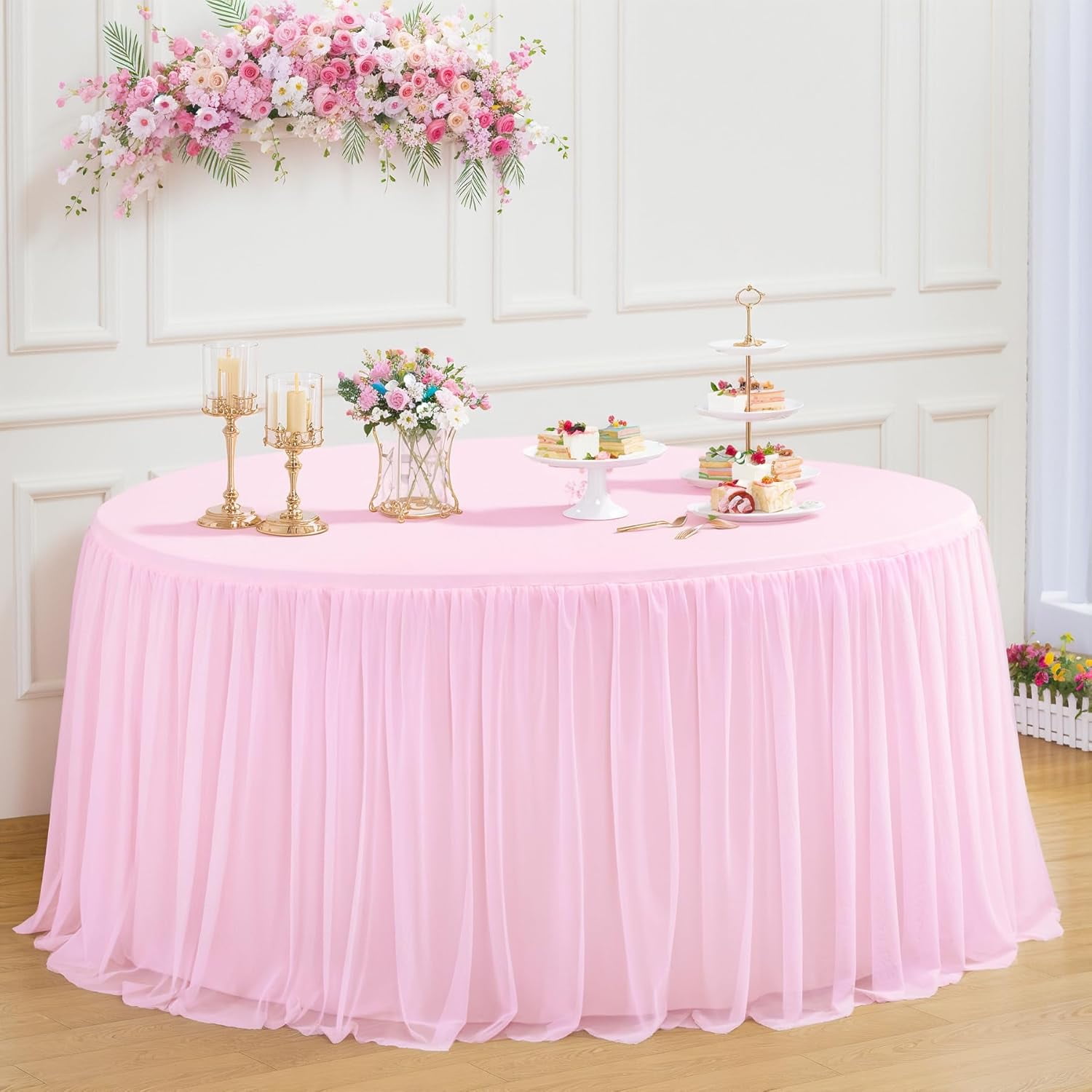 Wehilion Tulle Pink Round Tablecloths for 60 inch Table Wrinkle Free ...