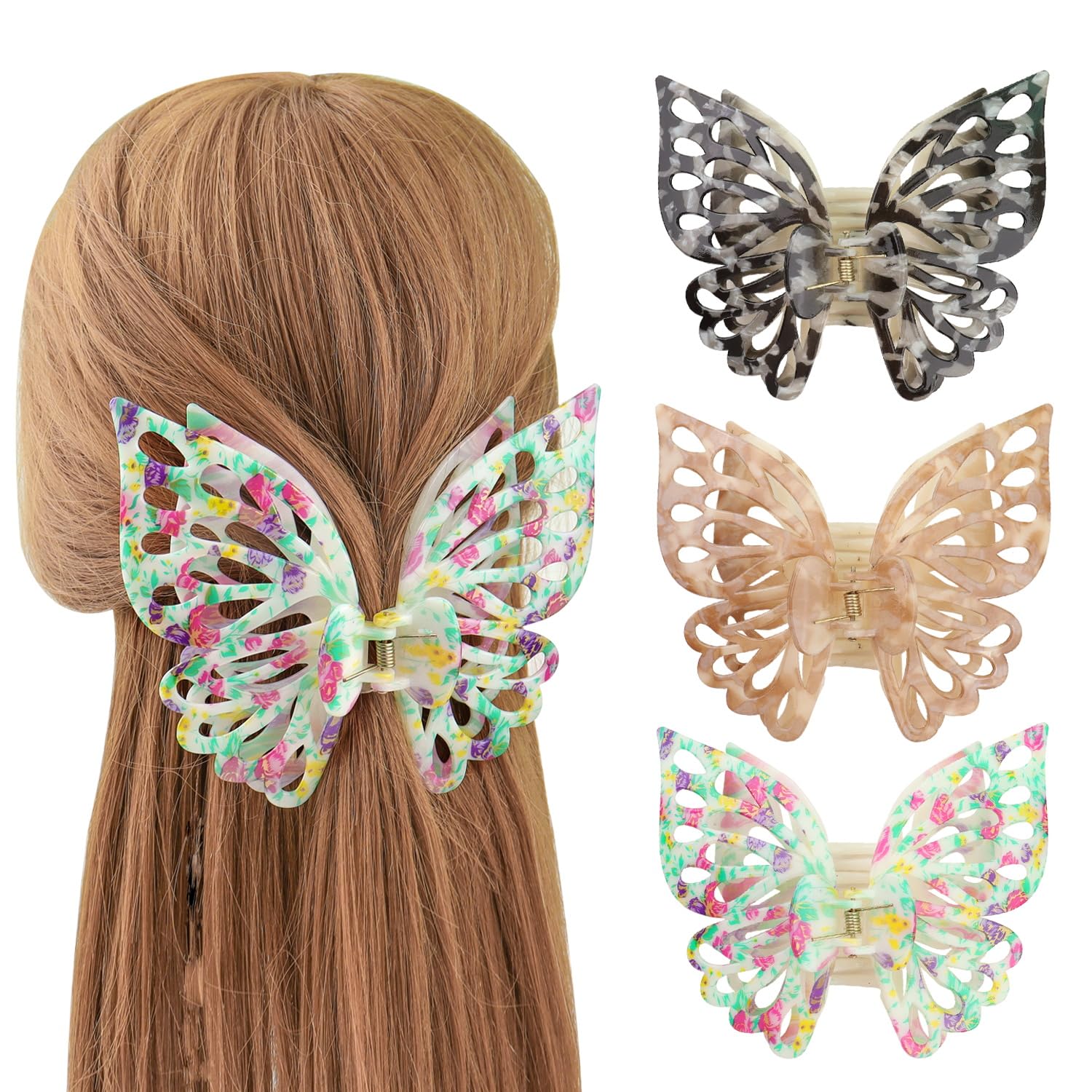WeiDongzhuo 3-Pack Matte Butterfly Hair Clips, Large Claw Clips for ...