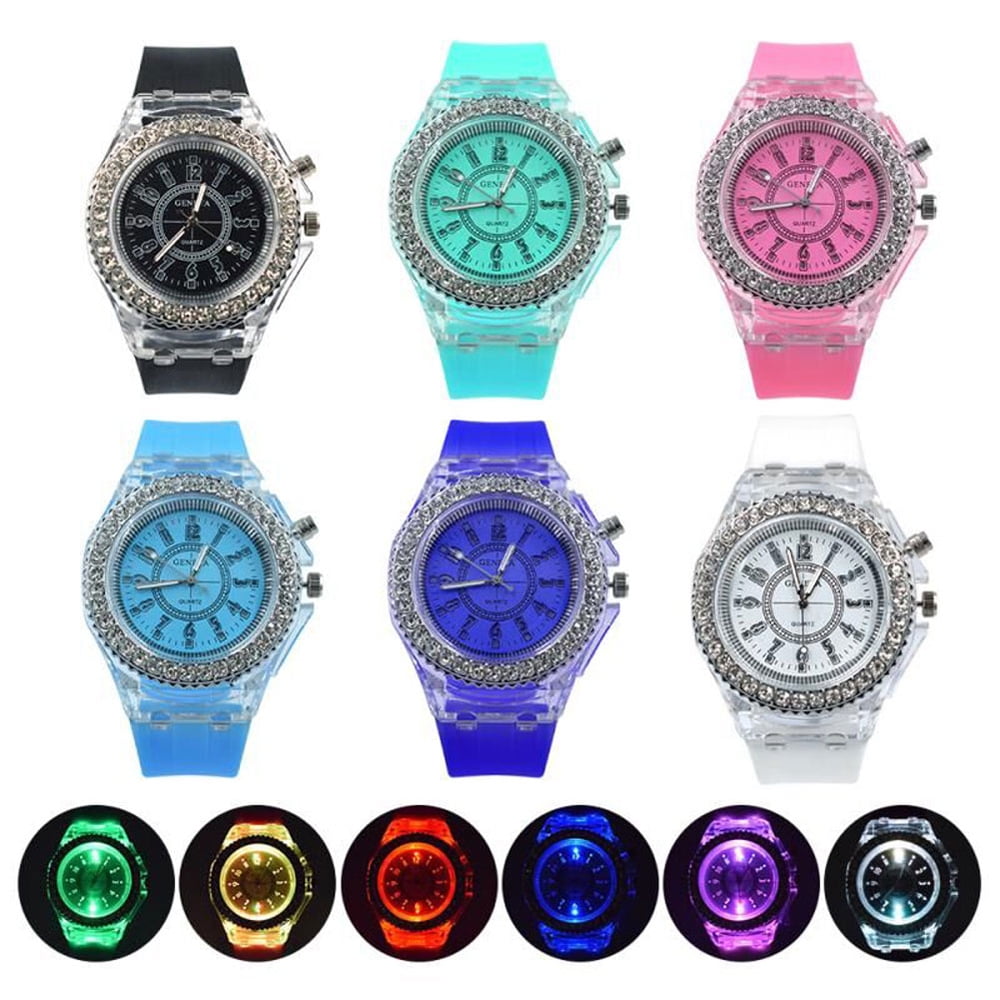 Weicam 6 Pcs Watches Women Men Luminous Colorful Lights Rhinestone LED ...