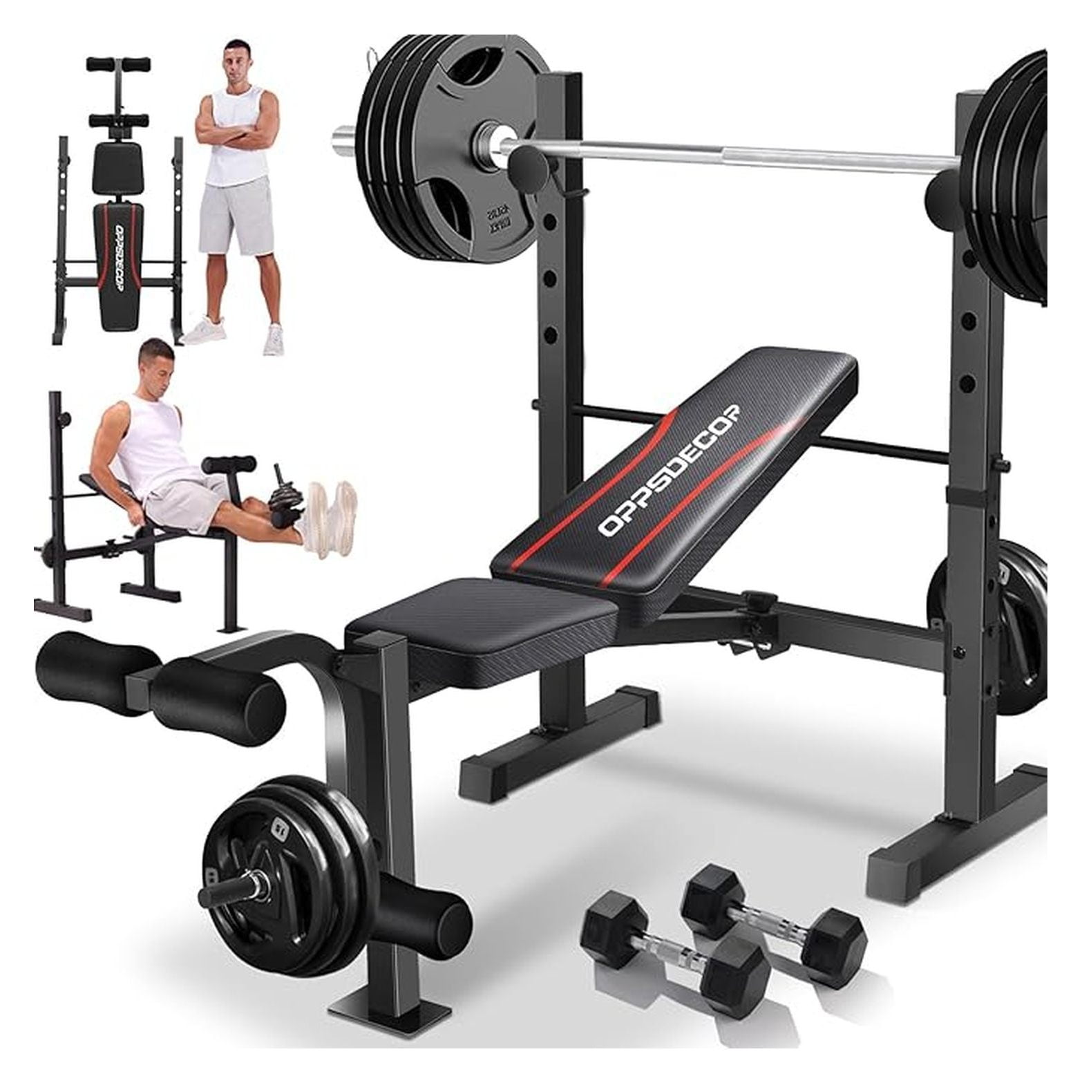 Weight , 600LBS Adjustable Press with Squat Rack & Leg Extension, 3 Sec Folding Workout for Full ...