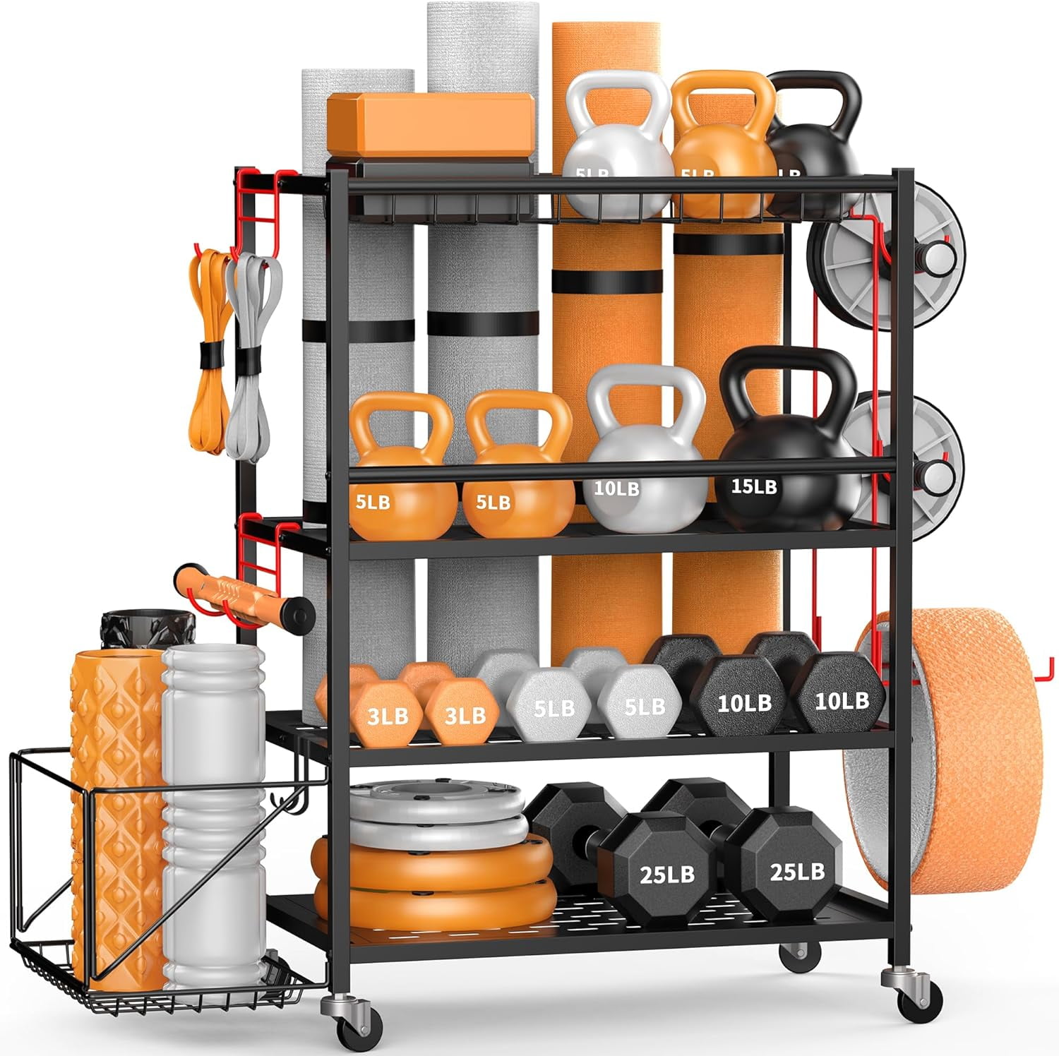 4-Tier Weight Rack with Wheels, Heavy Duty Gym Organizer for Dumbbells ...