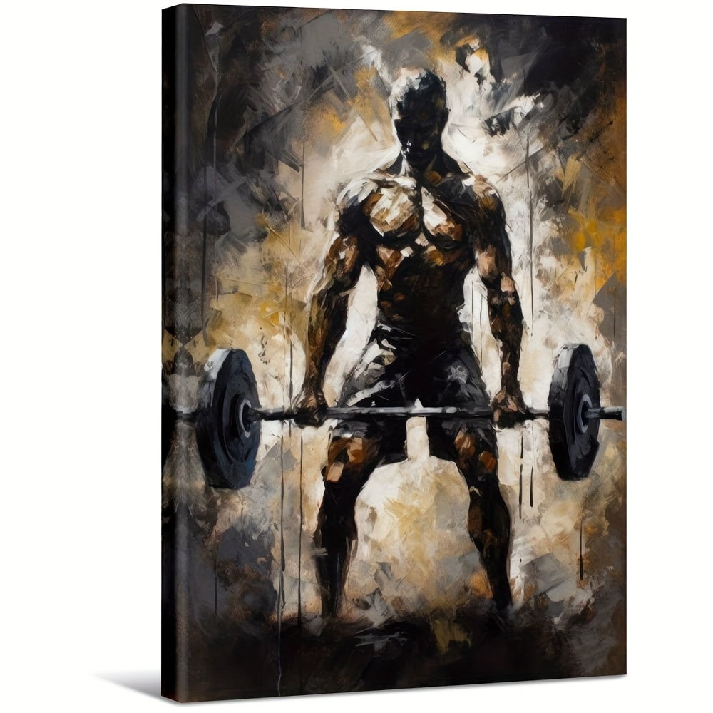 Weightlifter Lifting Barbell Artwork Large Wooden Framed Wall Art Home ...