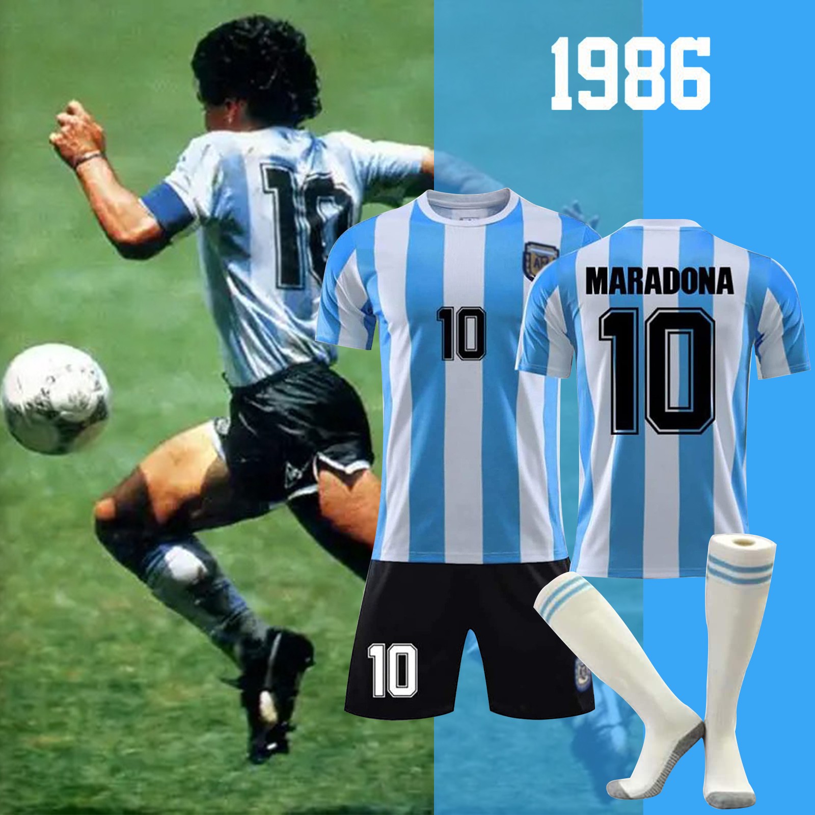Weilan 1986 Argentina Home Game Soccer Jerseys 3-Piece Set, Printed #10 Maradona Classic ...