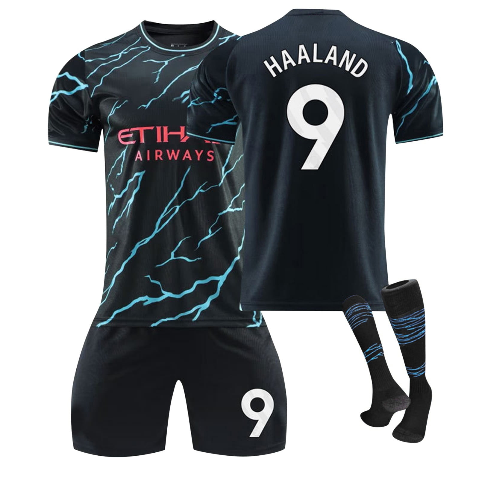 Weilan 2324 Man Lightning Blue Pattern Soccer Jersey-Short Sleeve, #9 HAALAND Second Away Game ...
