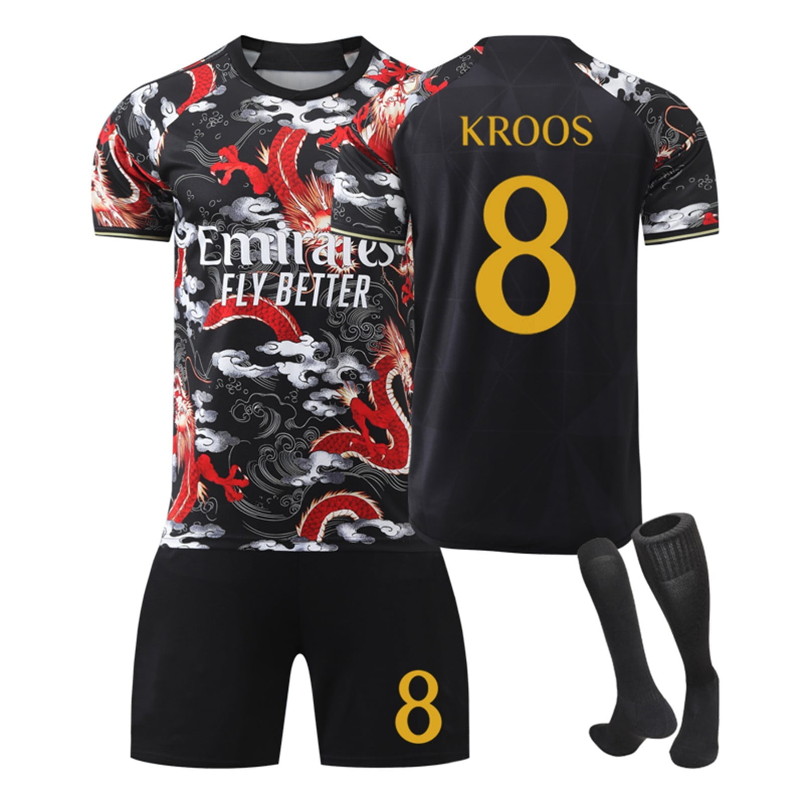 Weilan 2425 Soccer Team Black Soccer Jersey, #8 KROOS Red Dragon Pattern Soccer Jersey 3 Piece ...