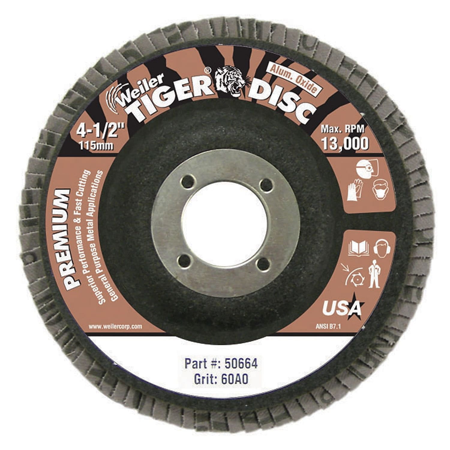 Weiler 804-50664 Tiger Disc Flat Style Flap Discs, 4.5 in.,60 Grit ...