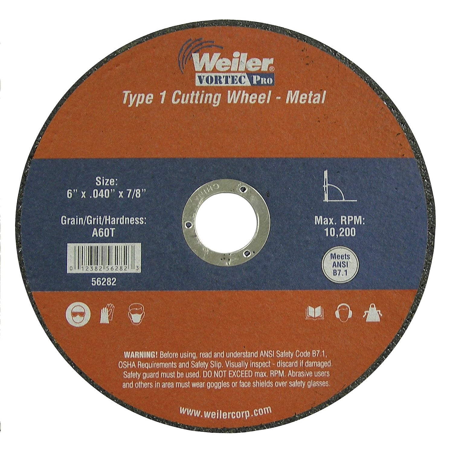 Weiler 804-56282 6 in. X .040 in. Type 1 Cut-Off Wheel- A60T- .88 in. A ...