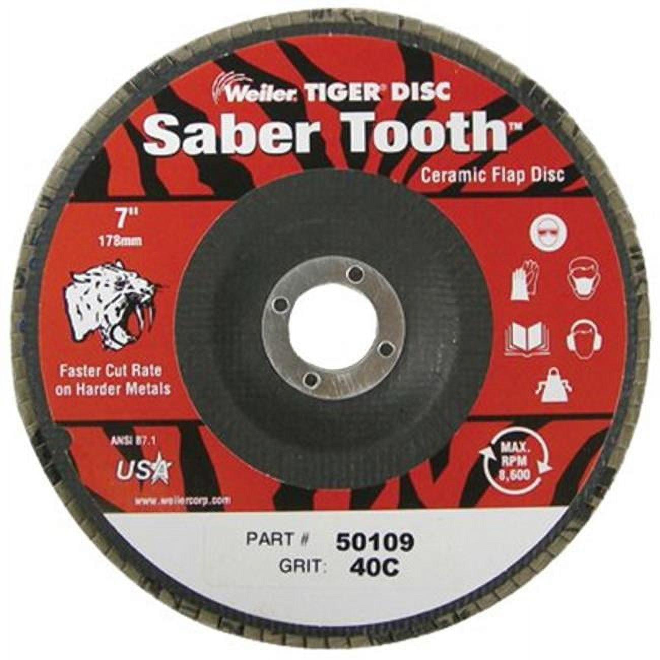 Weiler Saber Tooth Ceramic Flap Discs, 7, 40 Grit, 5/8 Arbor, 12,000 ...