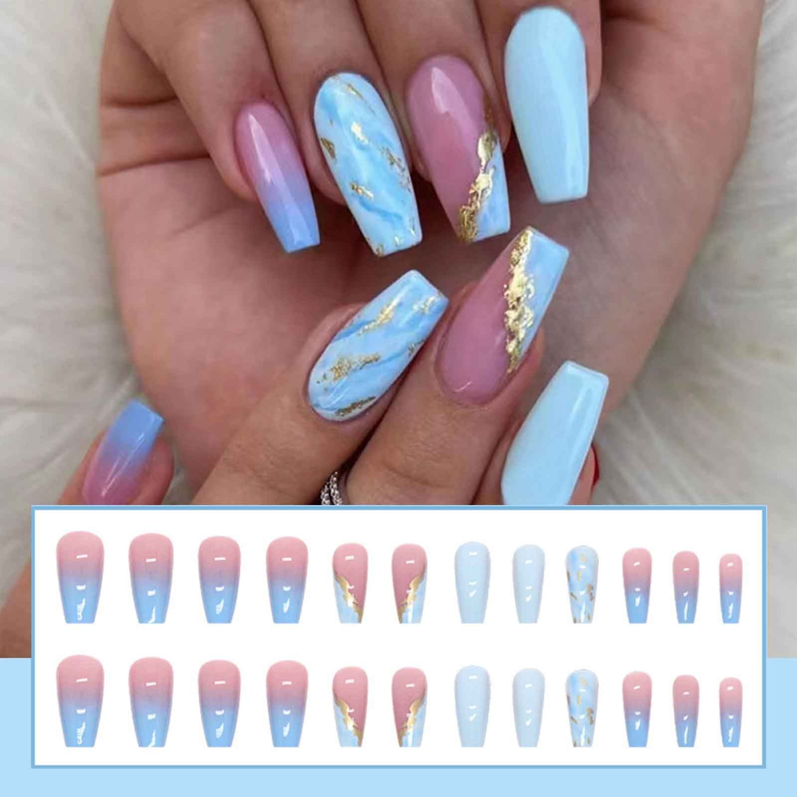 Weipeensee Nail Piece Blue Medium Length Nails Gold Foil Fragment High ...