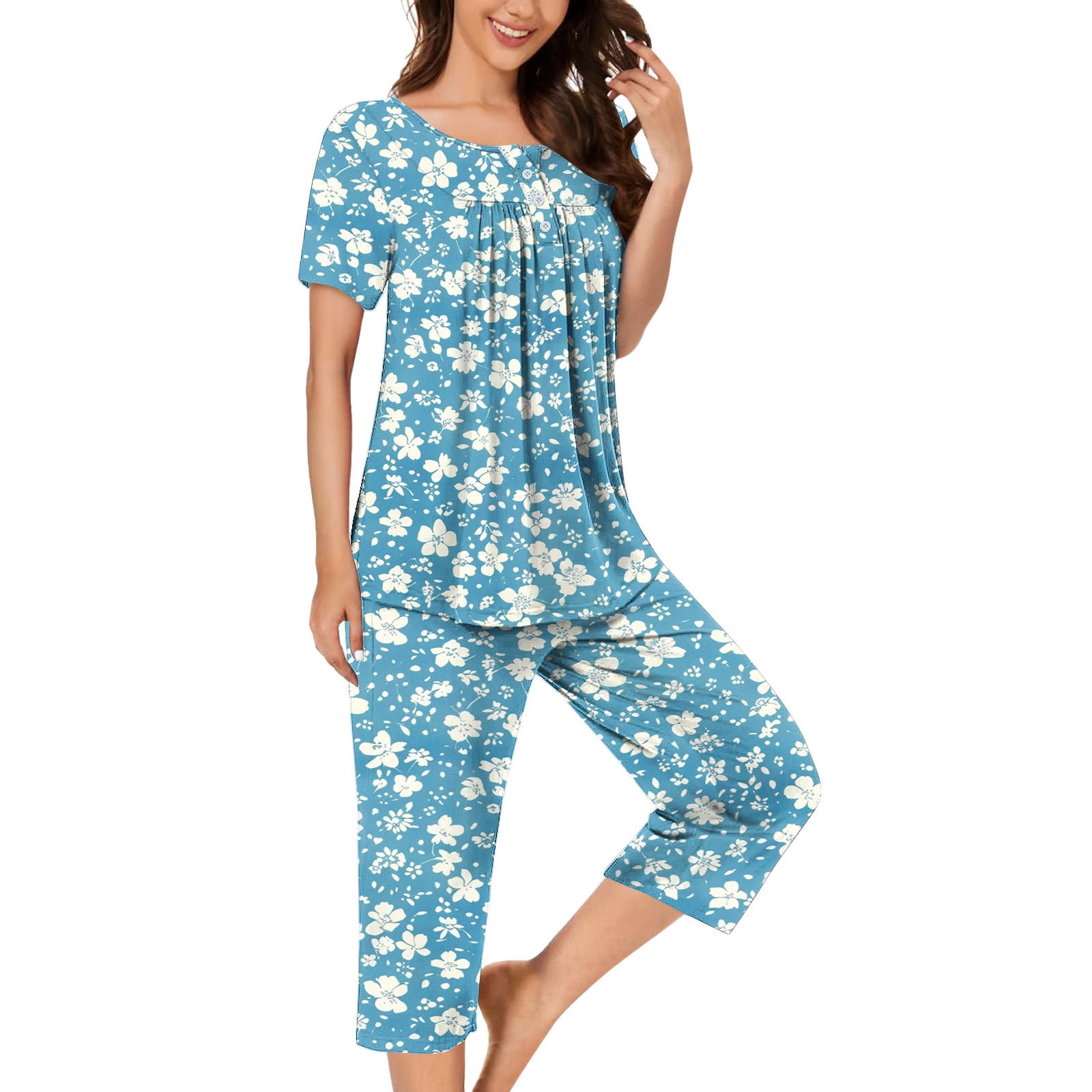 Weiqiqre Two Piece Sets for Women Sleepwear Sets Short Sleeve Button ...