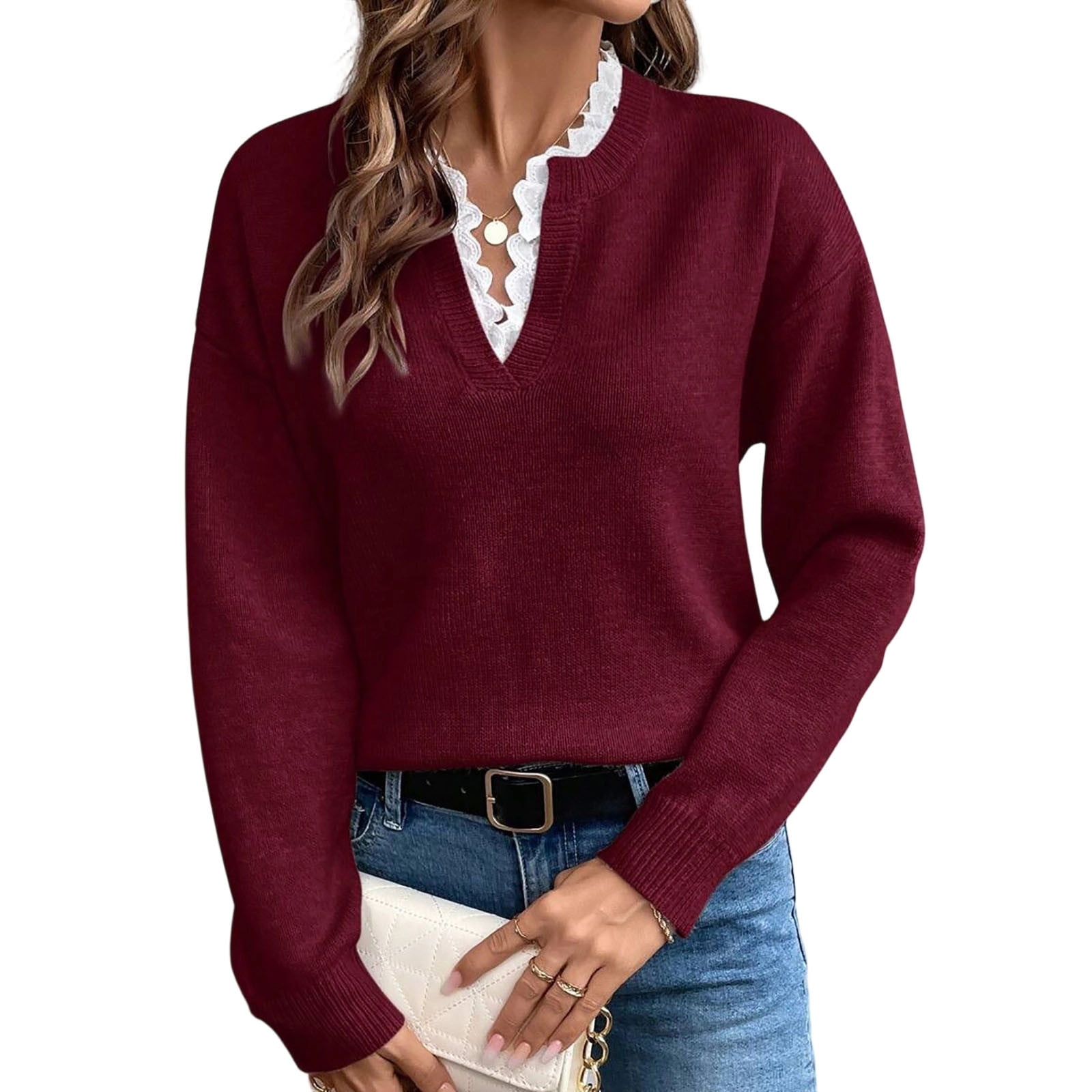 Weiqiqre Women Fall Clothes V Neck Sweater Casual Long Sleeve ...