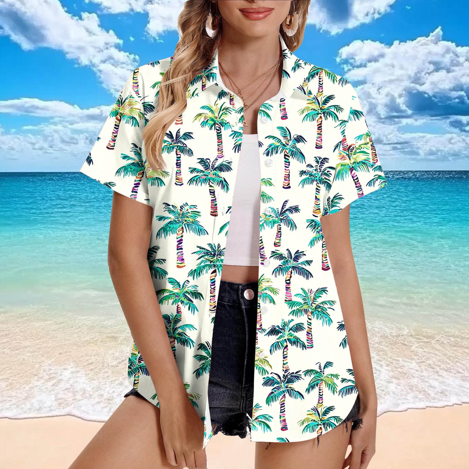 Weiqiqre Women's Tops Summer Beach Shirt Tropical Womens Hawaii Button ...