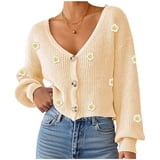 Weiqiqre Womens Fall Sweaters Button Down Lantern Sleeve V Neck Knitted ...