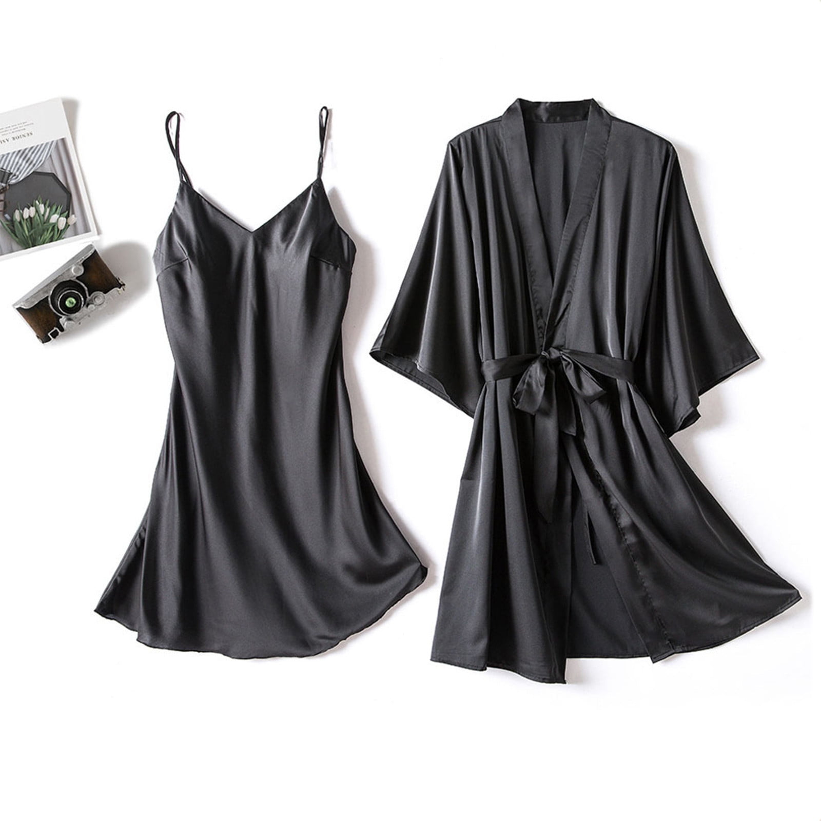 Weiqiqre Womens Pajamas Satin Robe Set Nightgown with Robes Silk Pajama ...