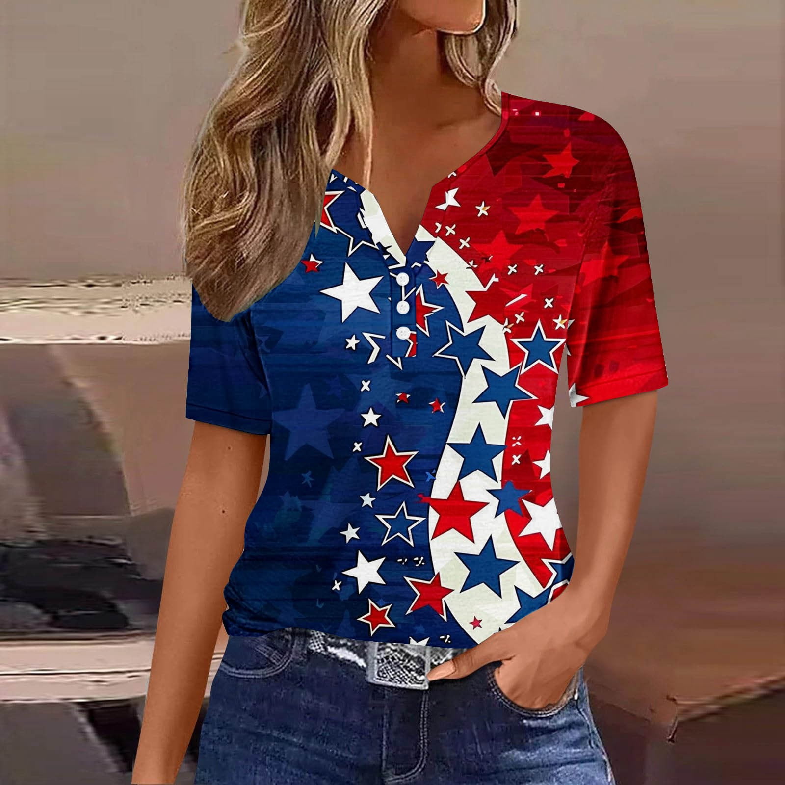 Weiqiqre Womens Spring Tops Plus Size USA Flag V-Neck T-Shirt Women ...