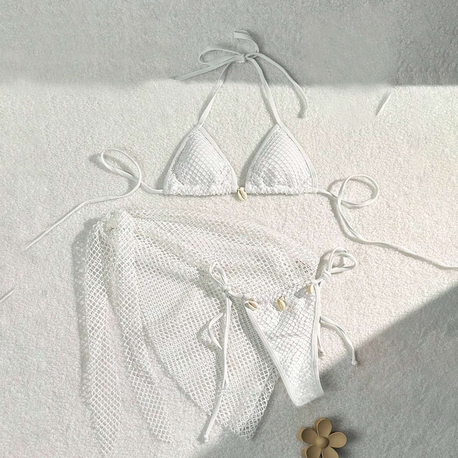 Weiqiqre Womens Swimsuits 3 Piece Bikini Set Shell Decor Halter Bra and Bottom with Cover Up ...