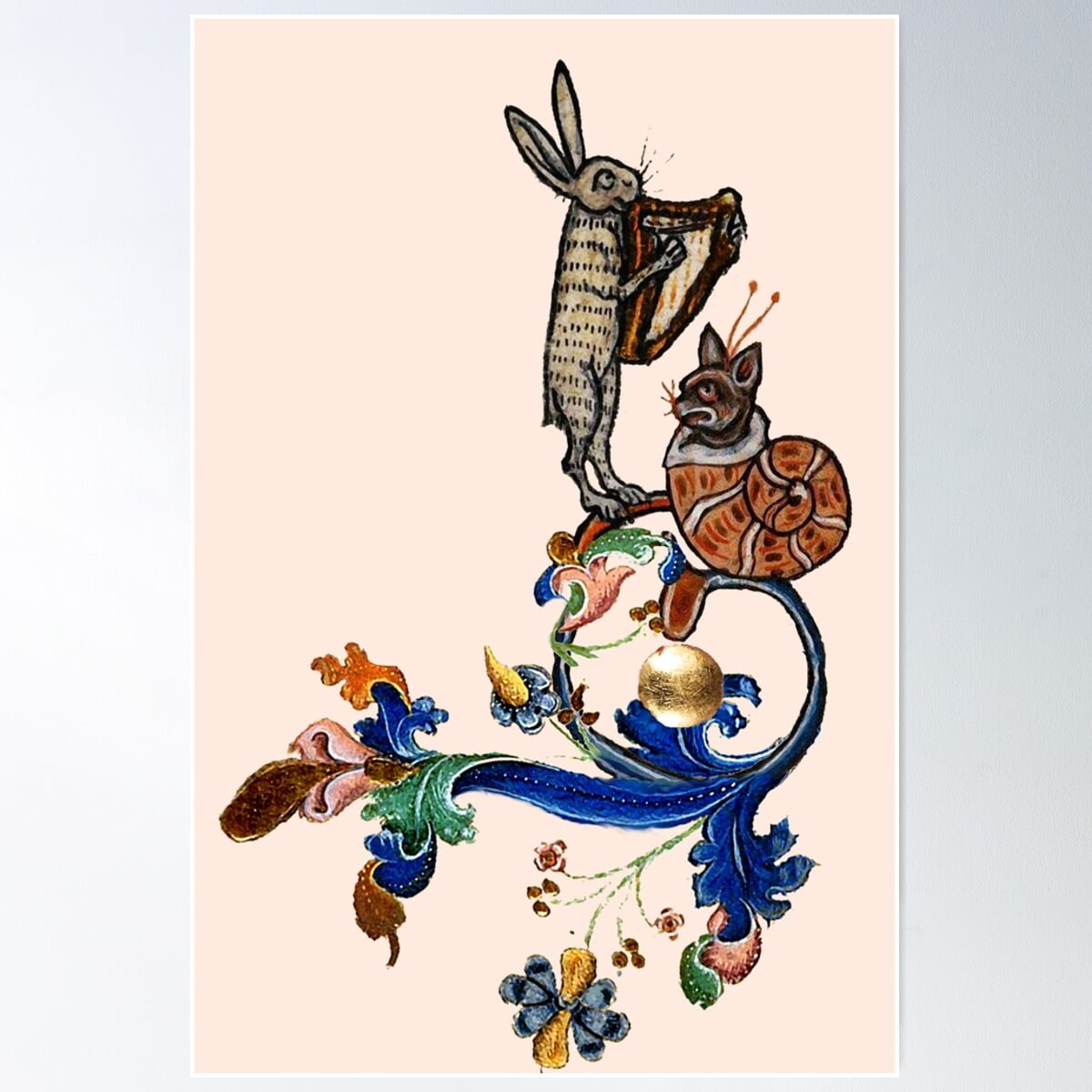 Weird Medieval Bestiary Making Music Harp Playing Hare And Snail Cat By ...