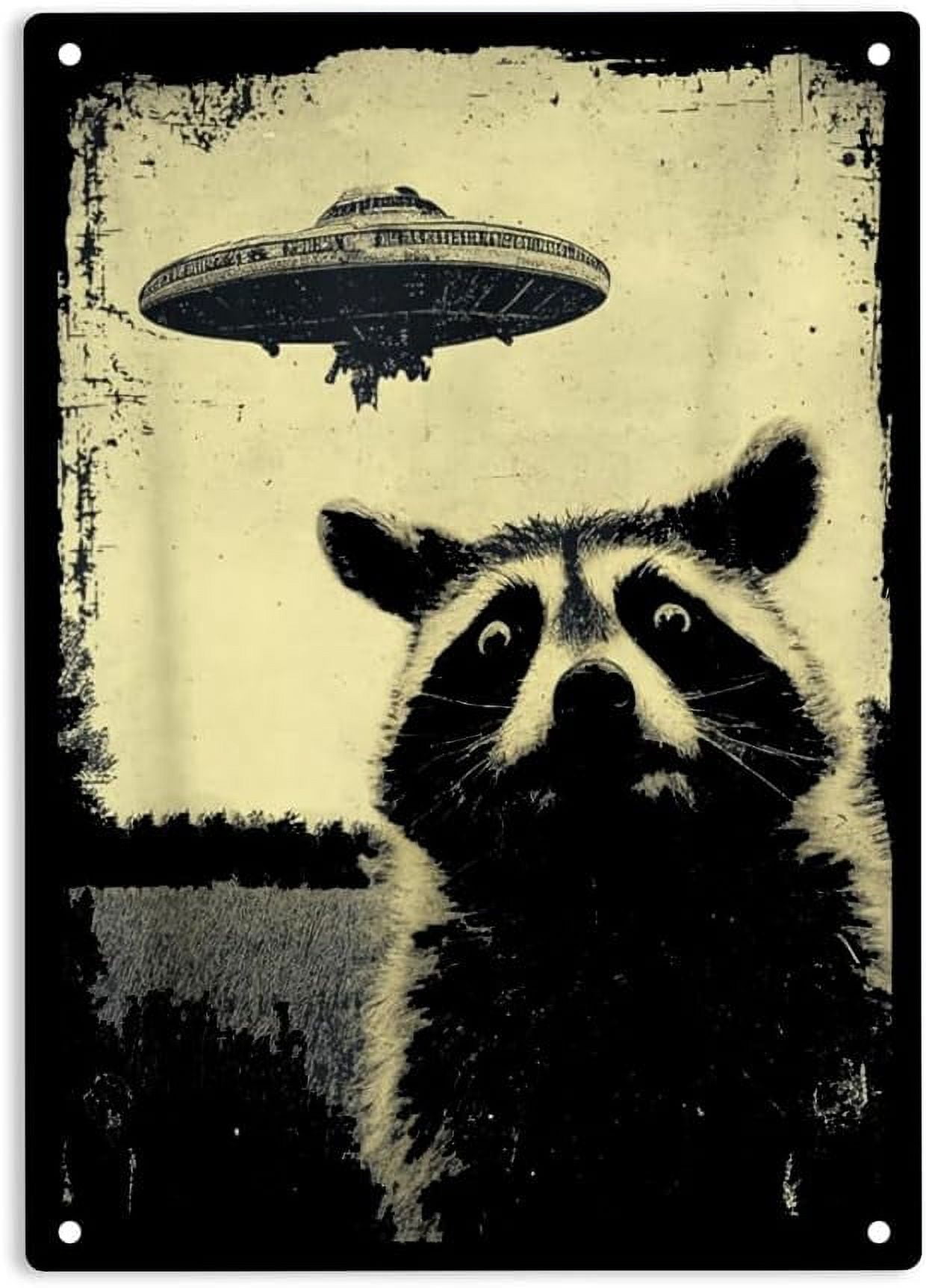 Weird UFO Raccoon Alien Sign Metal Tin Sign, Raccoon Alien Poster for ...