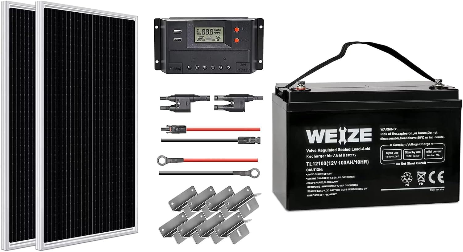 Weize Solar Panel Starter Kit 12V 200W - Includes 12V 100Ah Deep Cycle ...