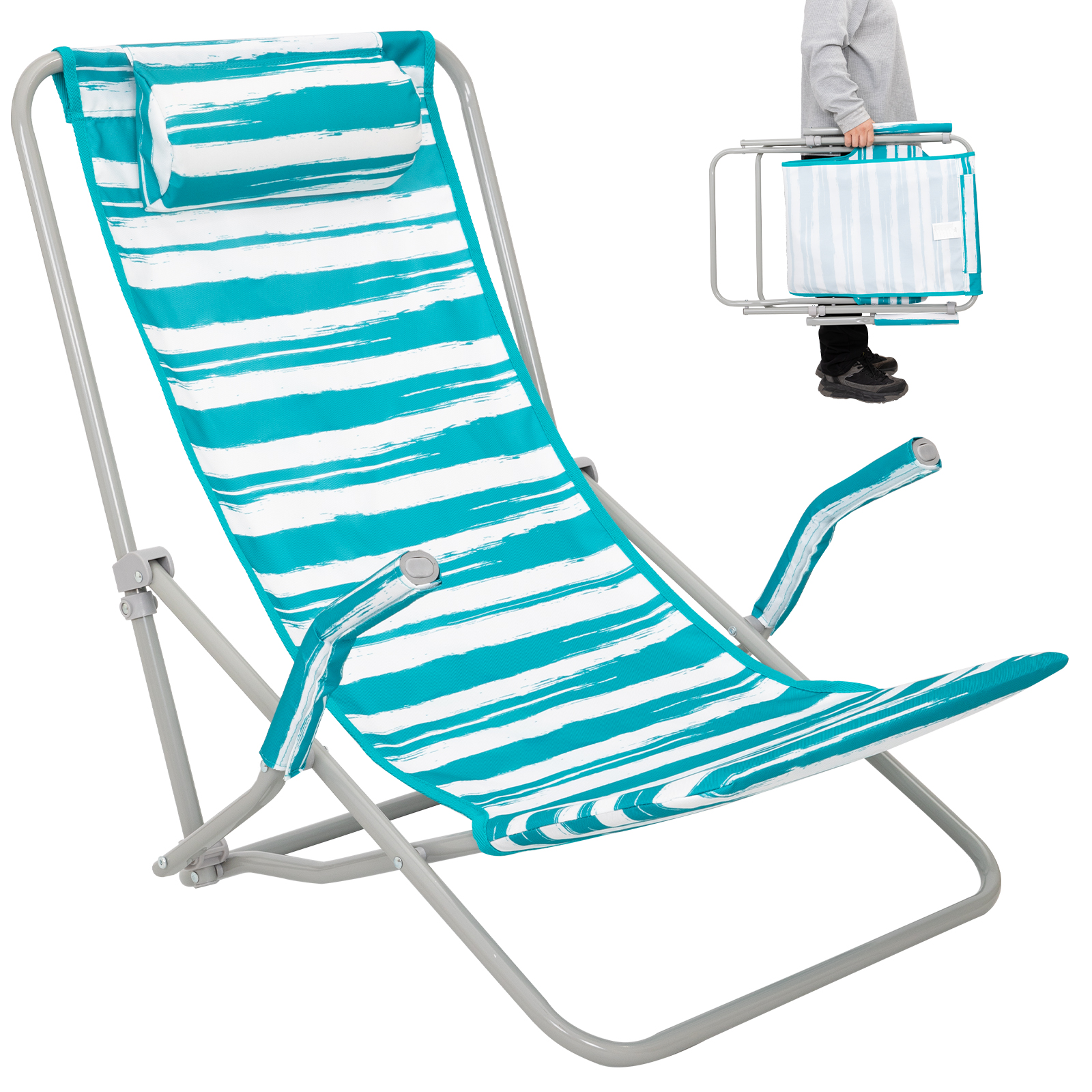 Mainstays Wood Arm Reclining Comfort Height Beach Chair, Green Palm ...