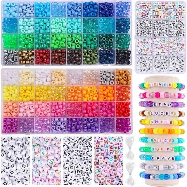 Wekvgz 64 Colors Pony Beads Kit, 6x9mm Beads, Letter Beads, Elastic ...