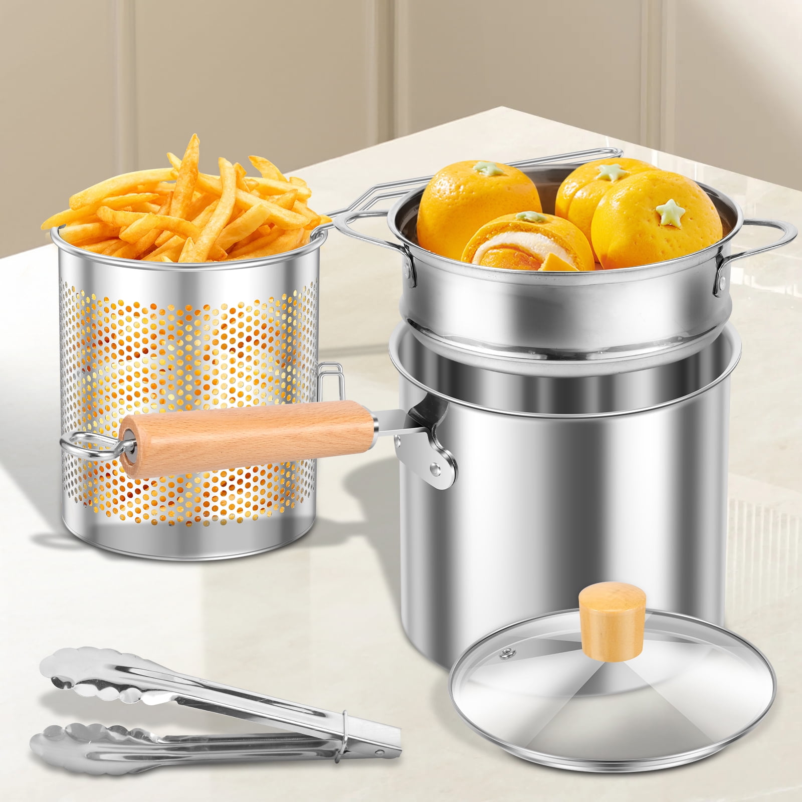 Wekvgz 2Pcs Deep Fryer Pot with Basket and Lid Stainless Steel Frying ...