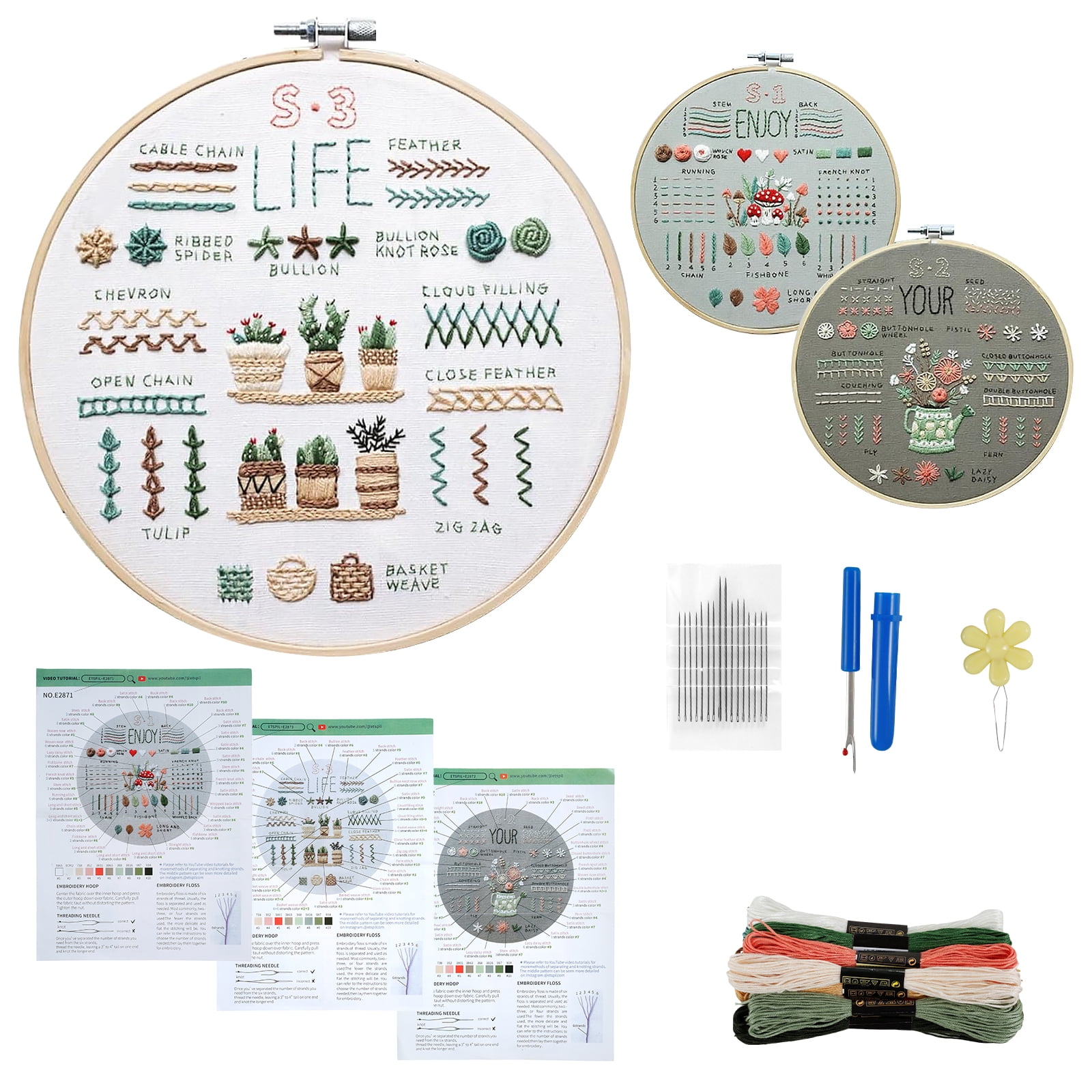 Wekvgz 3 Set Embroidery Kit for Beginners Cross Stitch Kit with Embroidery Patterns Complete ...