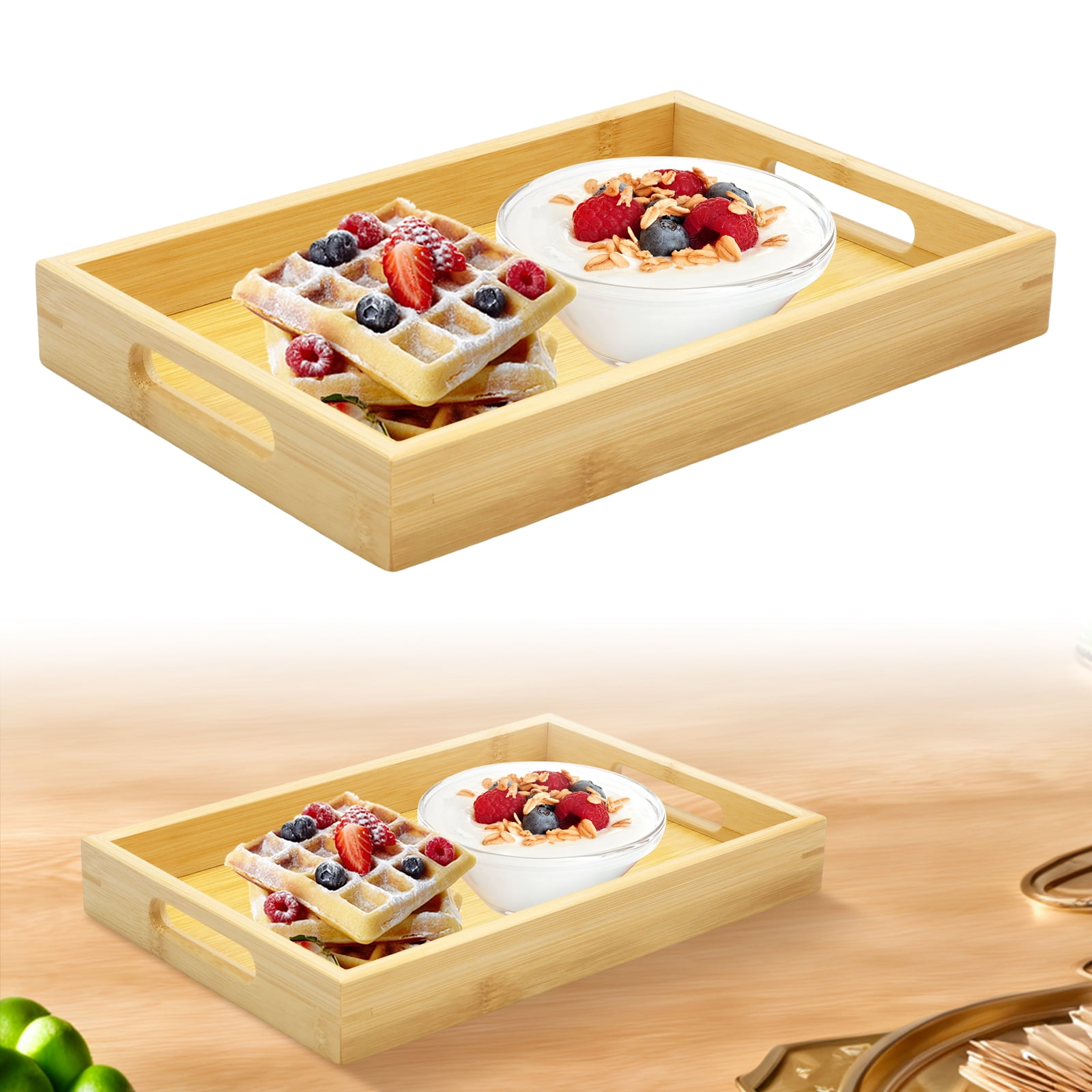 Wekvgz Bamboo Serving Tray with Handles Modern Serving Trays Platter Solid Bamboo Rectangle ...