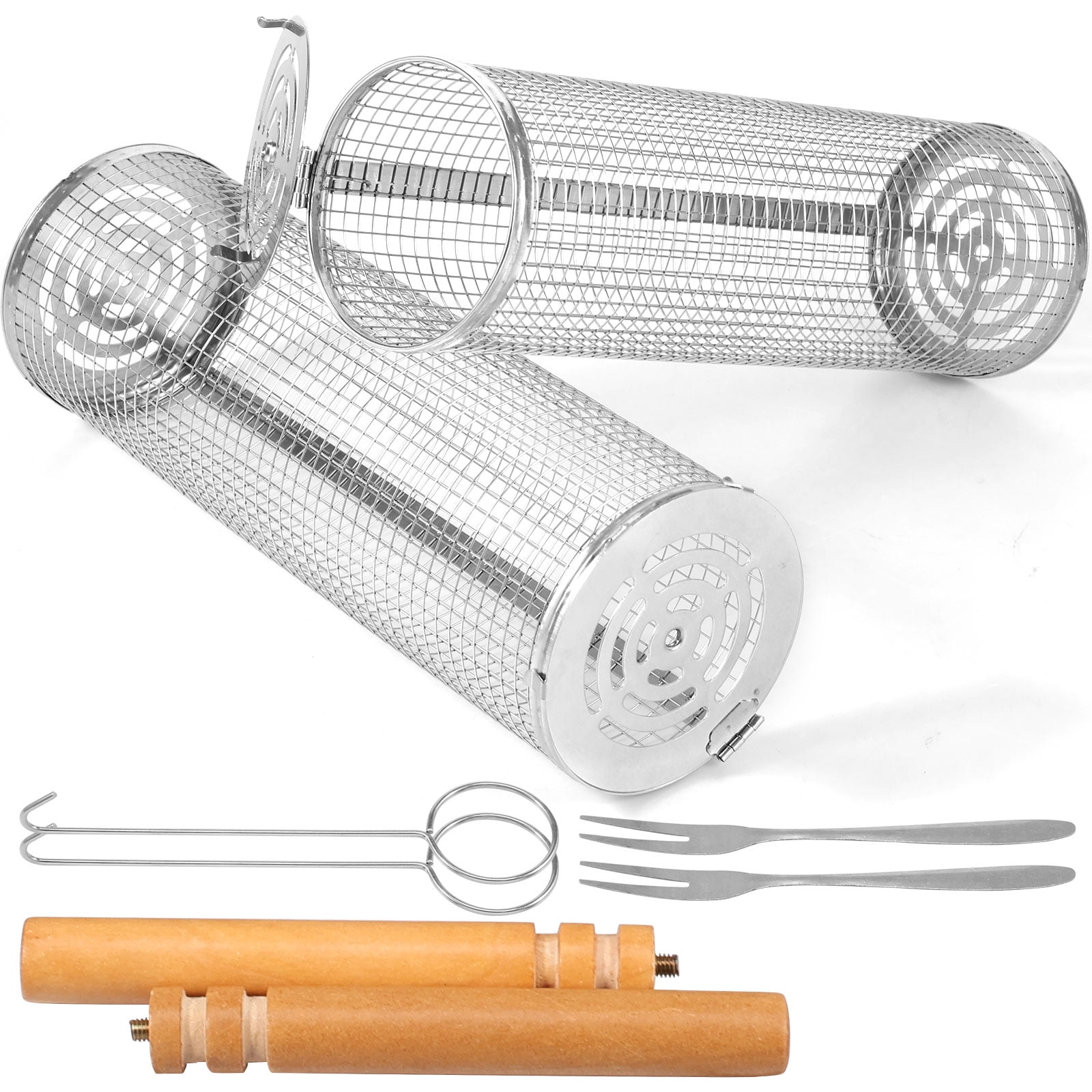 Wekvgz Nesting Grill Baskets with Wood Handle Stainless Steel Rolling ...
