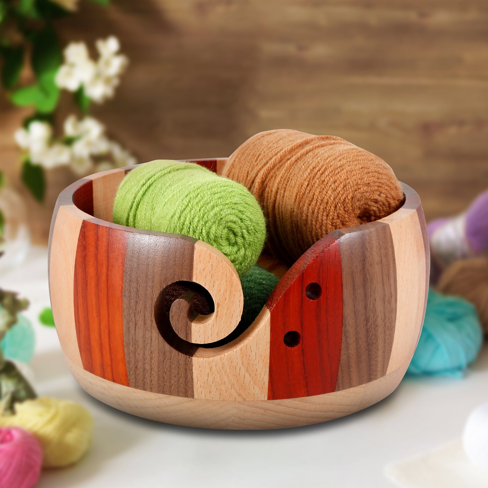 Wekvgz Wooden Yarn Bowl Round Crochet Bowl Holder with Holes Wooden ...