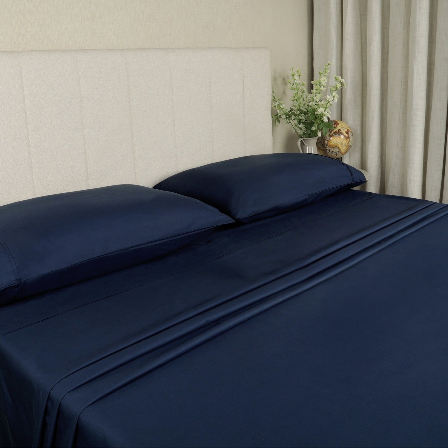 WelHome 100% Cotton King Sheets Set, 4 Piece Navy Bed Sheets Set with ...