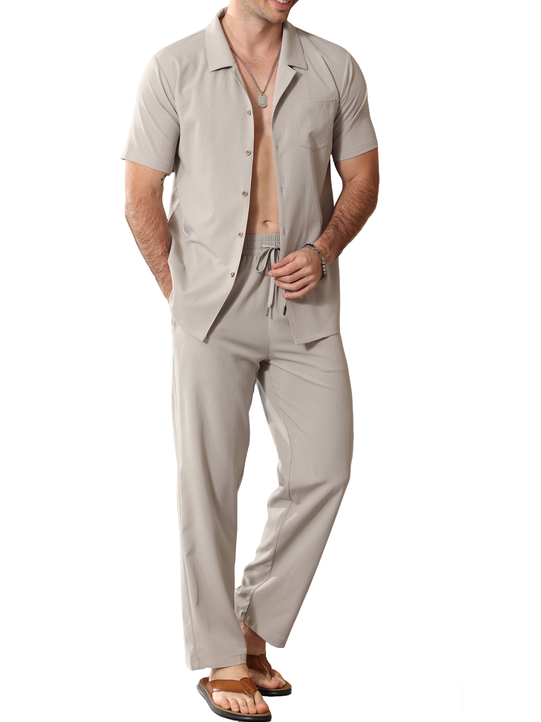 Welanxin Men 2 Piece Beach Vacation Outfit,Lightweight Button Up Loose ...