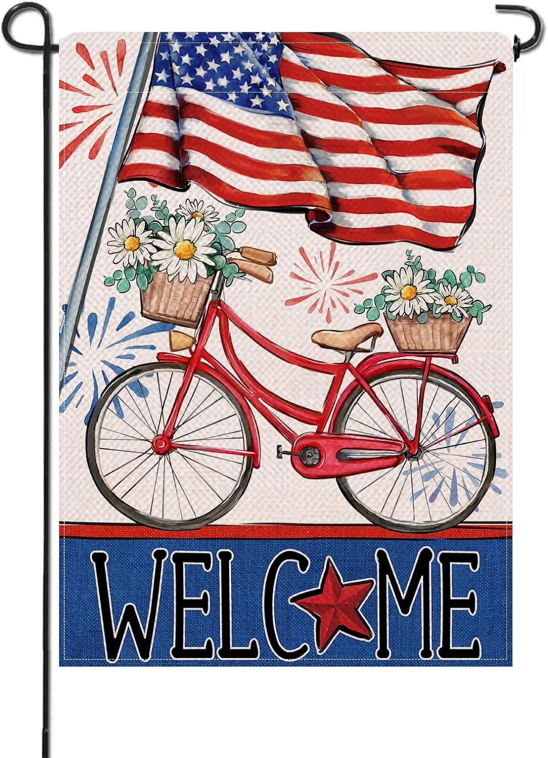 Welcome 4th of July Bike Patriotic Small Decorative Garden Flag, Daisy Flower Stars Stripes USA ...