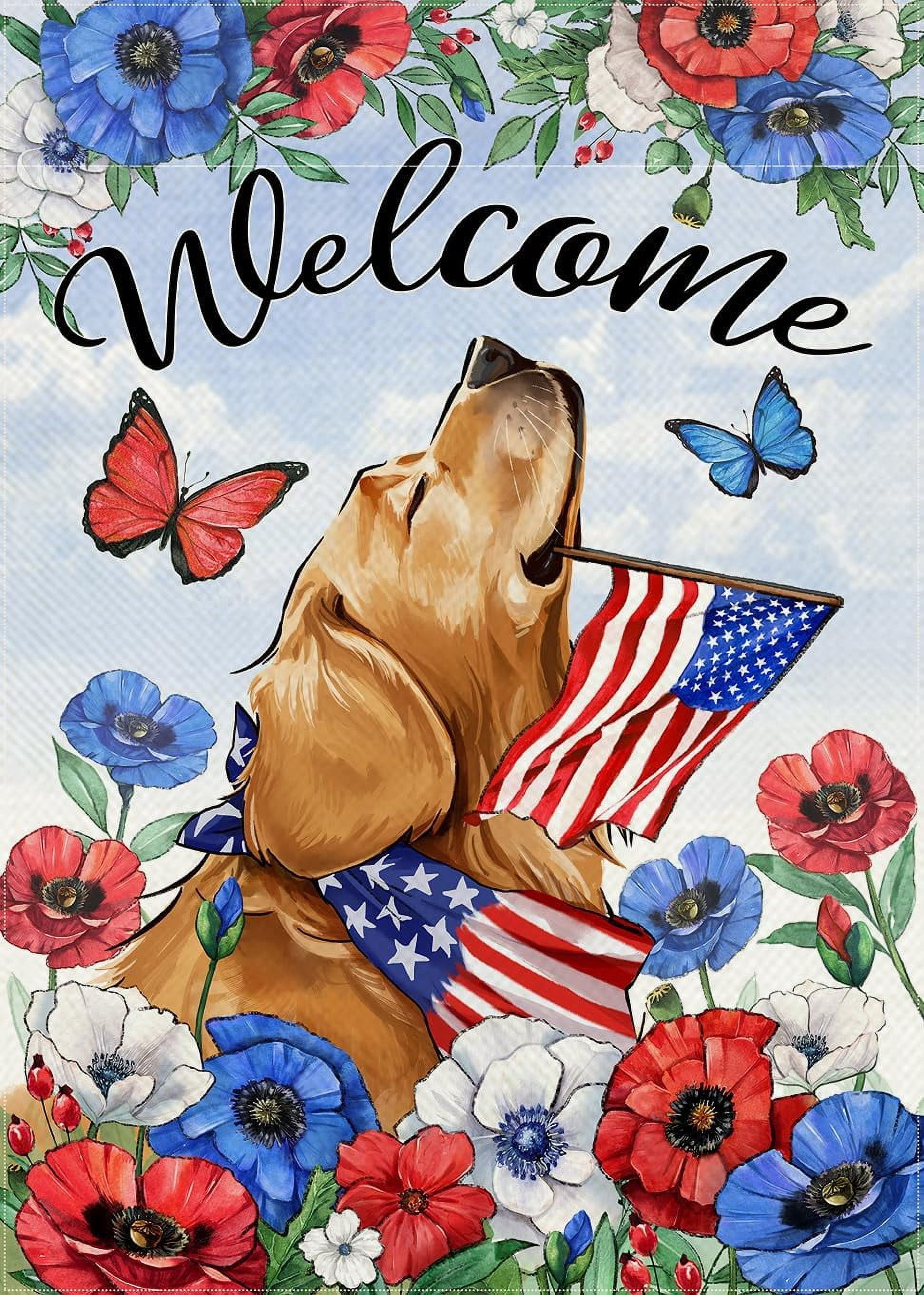 Welcome 4th of July Golden Retriever Dog Patriotic Decorative Garden ...