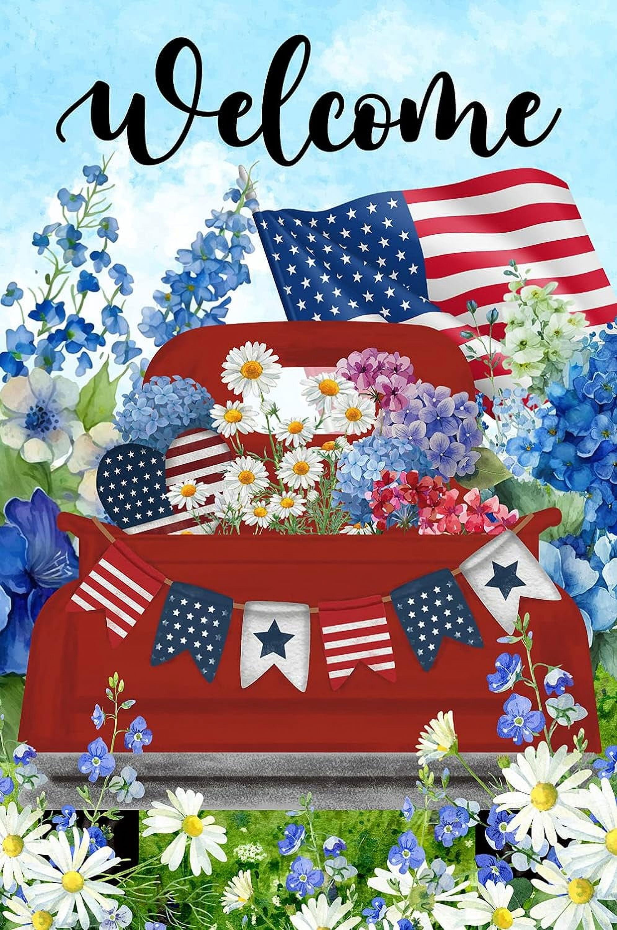 Welcome 4th of July Patriotic Red Truck Hydrangea Daisy Floral ...