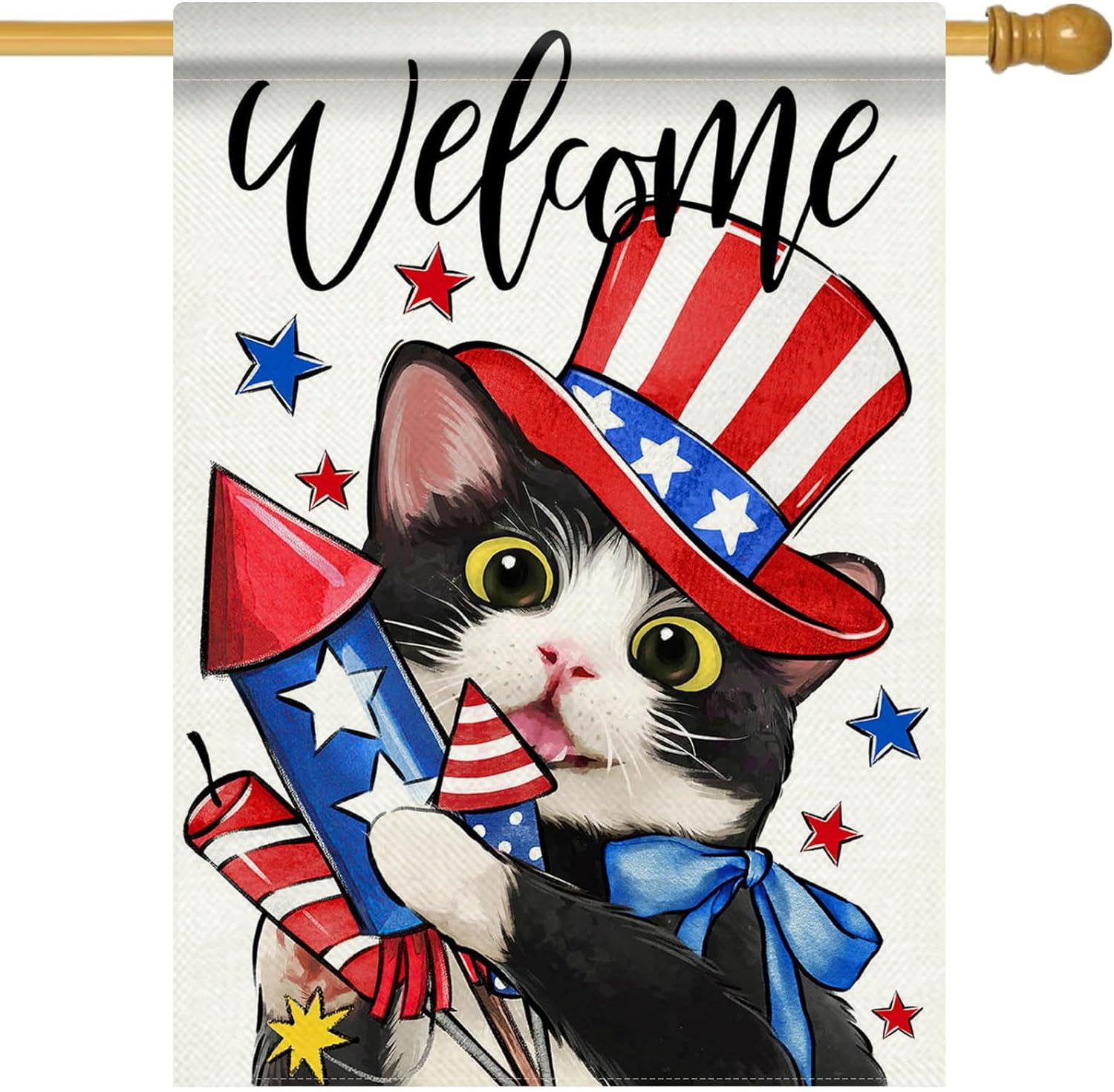 Welcome 4th of July Tuxedo Cat Patriotic Decorative House Flag, America ...