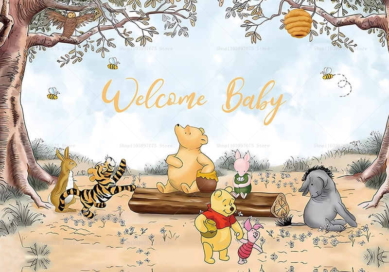 Welcome Baby Backdrop Vintage Winnie the Pooh Baby Shower Photography ...