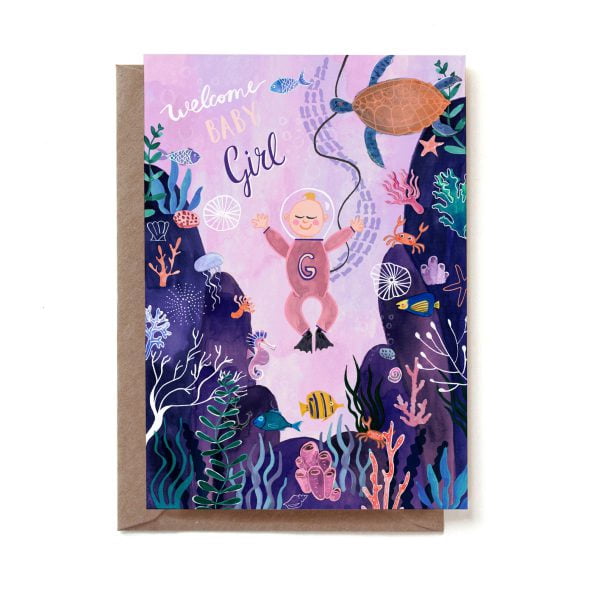 Welcome Baby Girl Card – Adorable Underwater Theme with Baby Diver ...