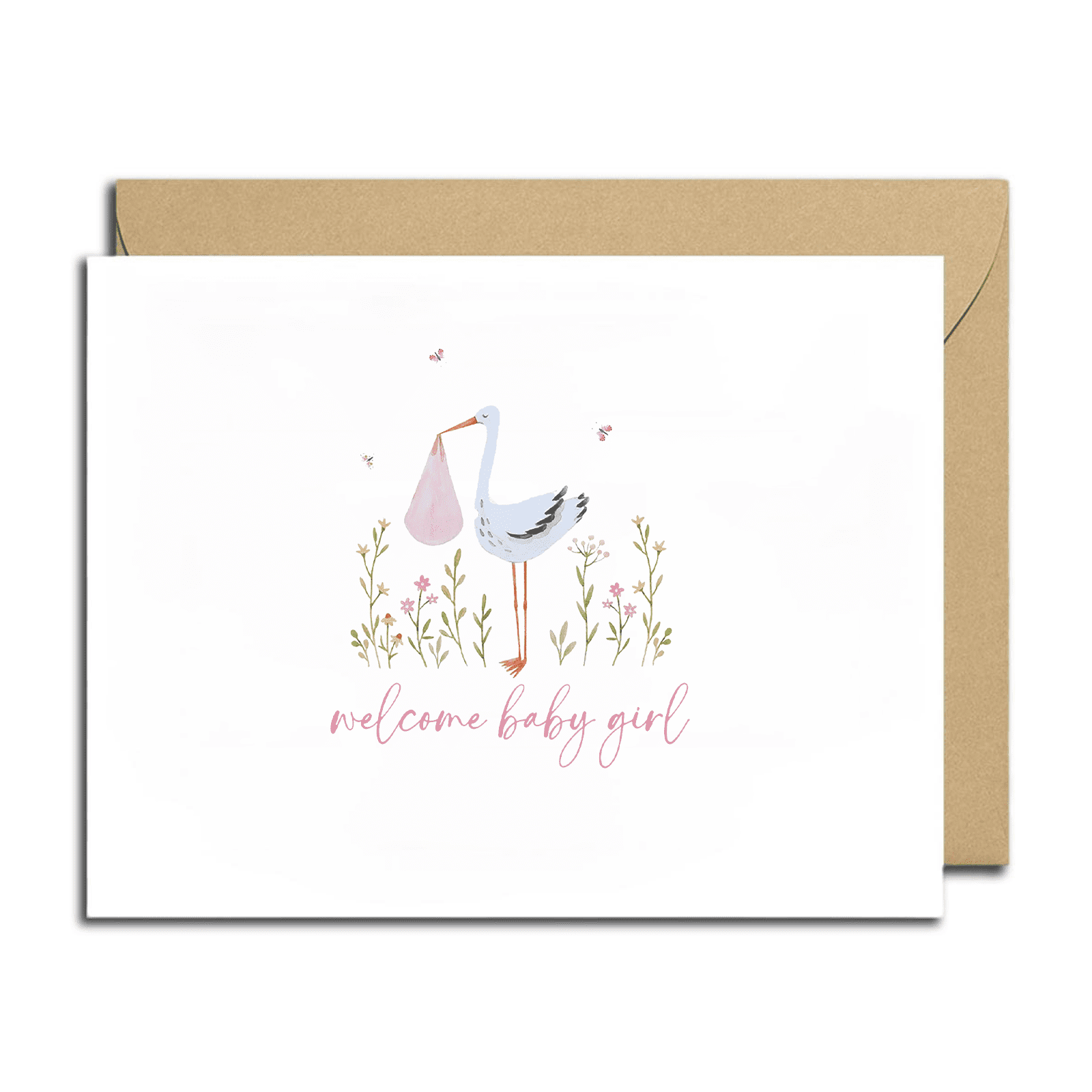 Welcome Baby Girl Card – Cute Stork Design with Floral Accents – Blank ...